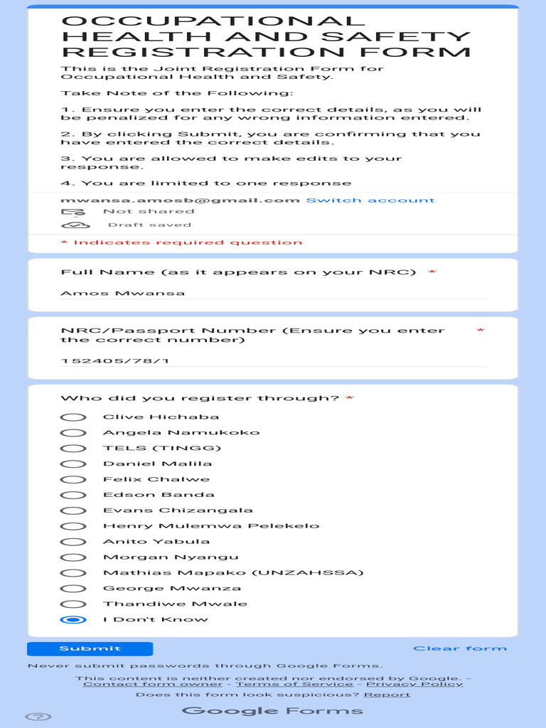Occupational Health and Safety Registration Form | PDF