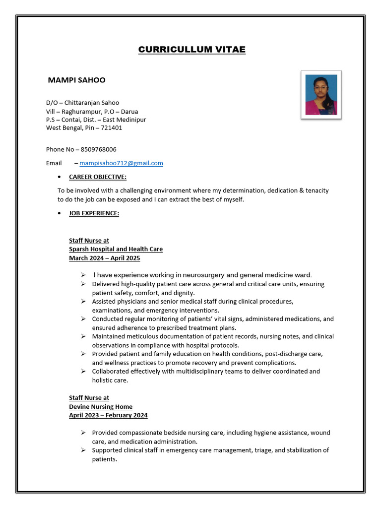 Mampi Sahoo Curricullum Vitae 4 | PDF | Patient | Nursing