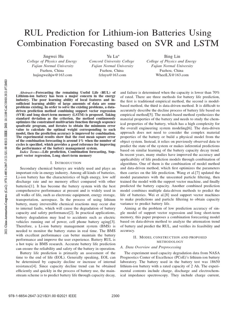 RUL Prediction For Lithium-Ion Batteries Using Combination Forecasting ...