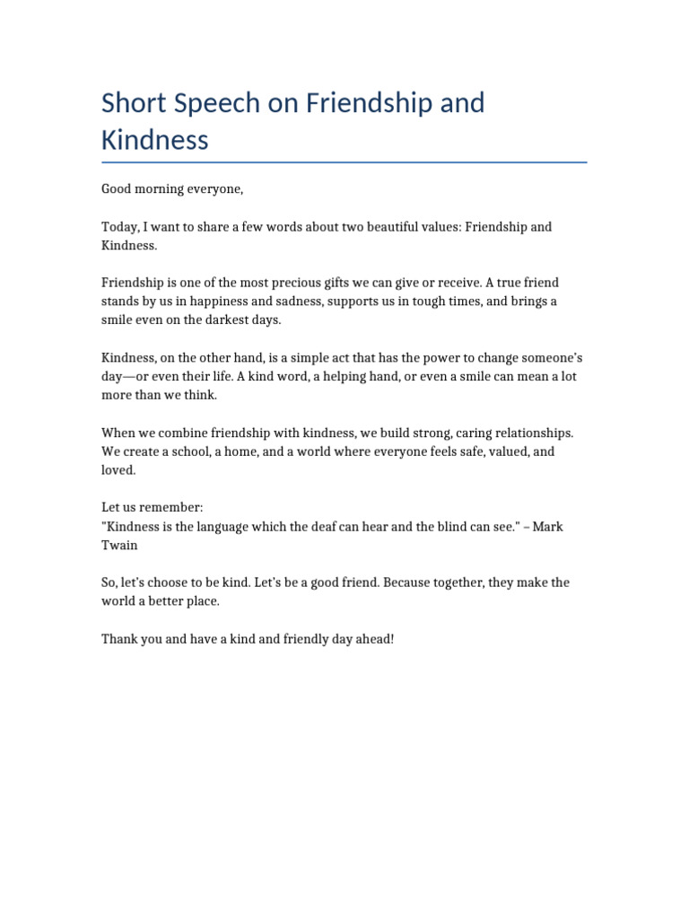 Short Speech Friendship Kindness | PDF