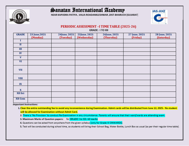 Periodic Assessment I Timetable 2025-26 | PDF