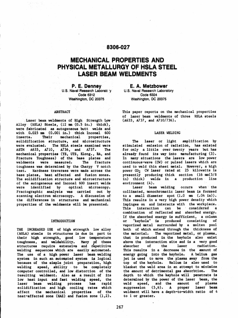 1983 Mechanical Properties and Physical Metallurgy of HSLA Steel Laser Beam Weldments | PDF ...