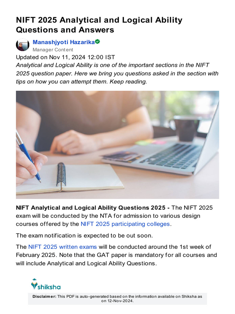 NIFT 2025 Analytical and Logical Ability Questions and Answers | PDF ...