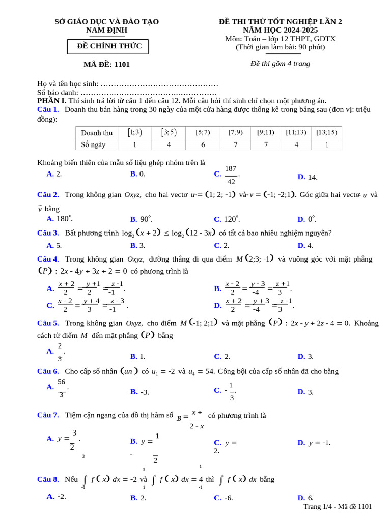 De Thi Thu Tot Nghiep THPT 2025 Lan 2 Mon Toan So GDDT Nam Dinh 2 | PDF