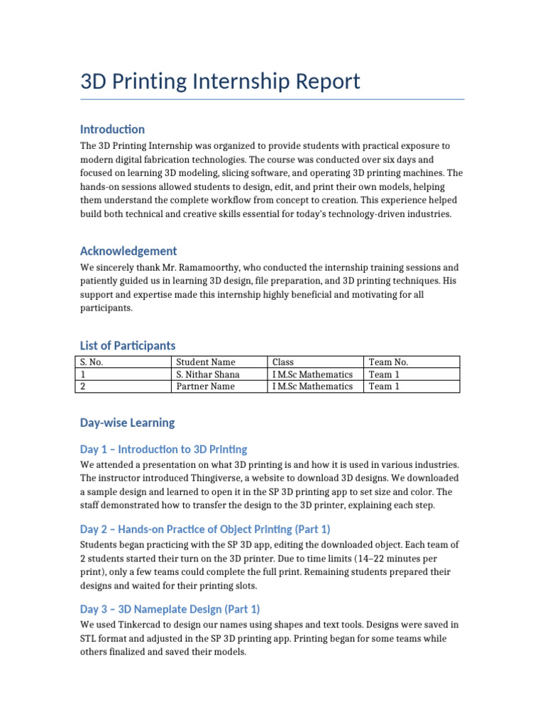 3D Printing Internship Overview | PDF | 3 D Printing