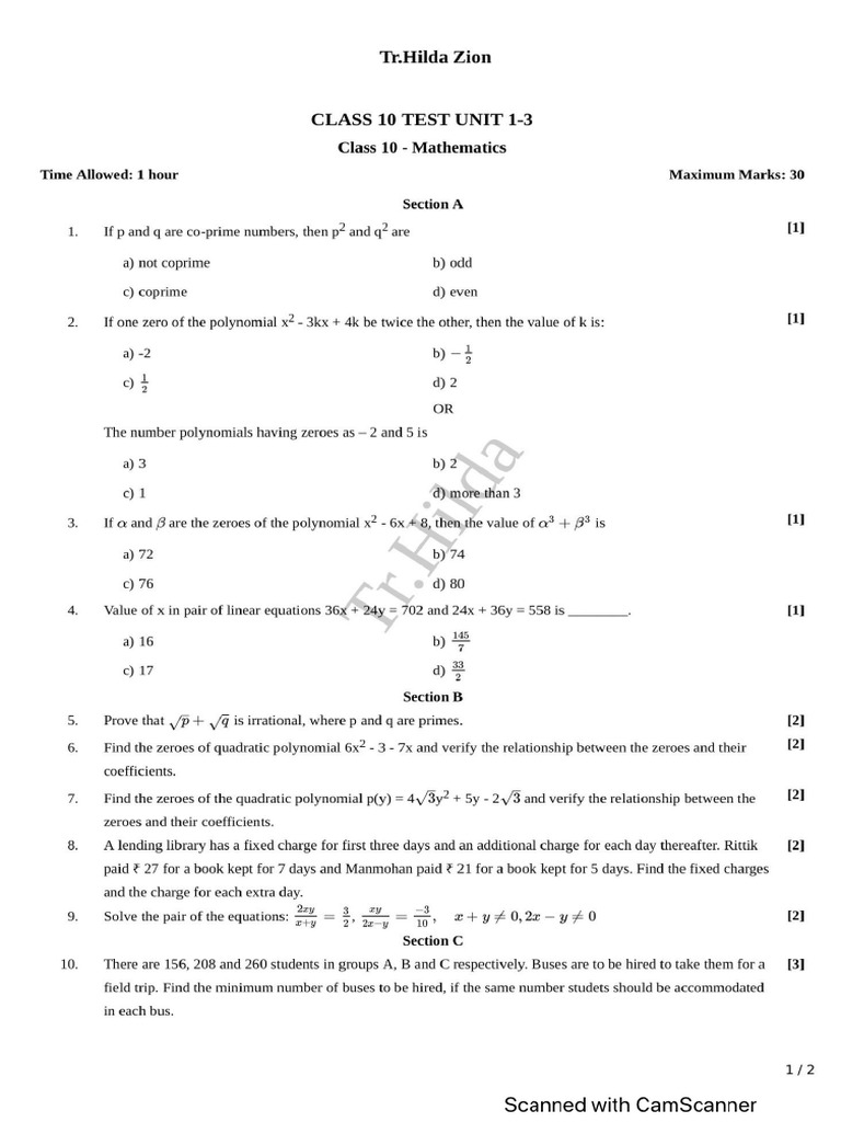 Maths Class Test Grade 10 | PDF