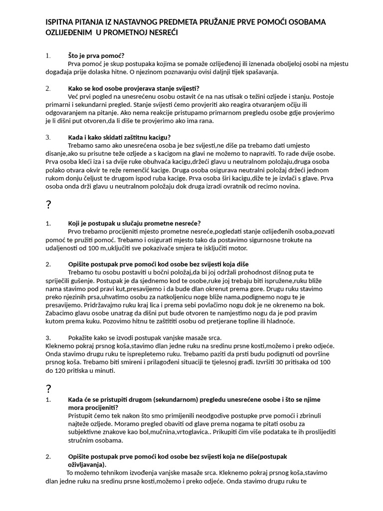 Ispitna Pitanja Prva Pomoć | PDF