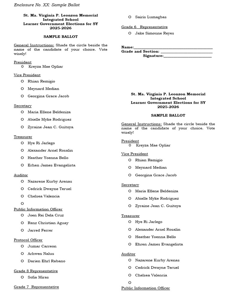 SSLG Sample Ballot Newtemplate | PDF | Elections | Voting