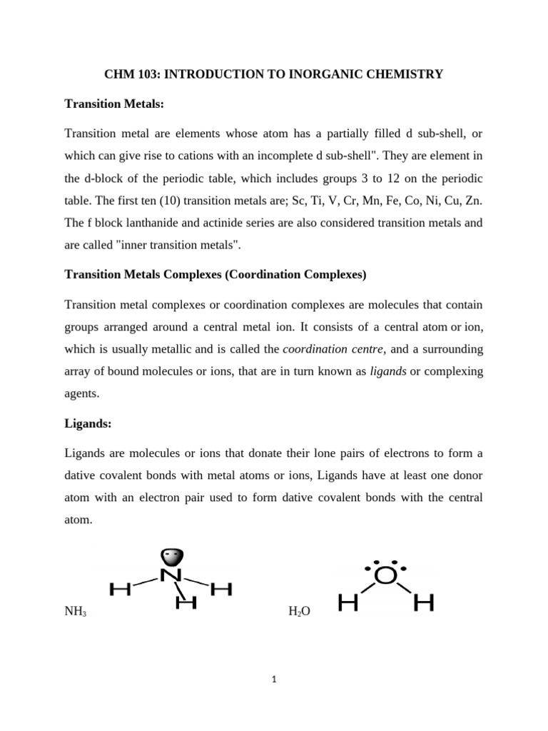 CHM 103 (Transition Metals) | PDF | Coordination Complex | Ligand