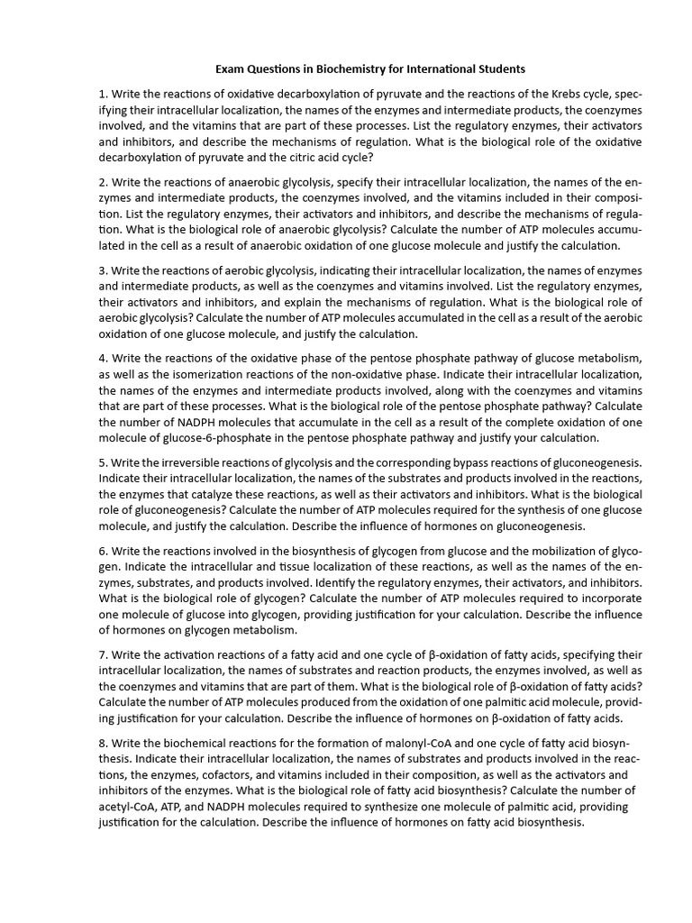 Biochemistry Exam Questions for Students | PDF | Glycolysis | Cellular ...