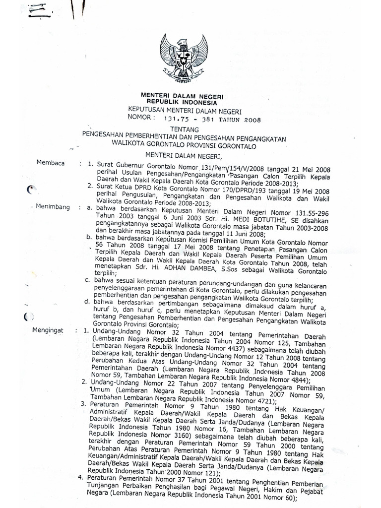 SK Pengangkatan Walikota Dan Wakil Walikota 2008 - 2013 | PDF