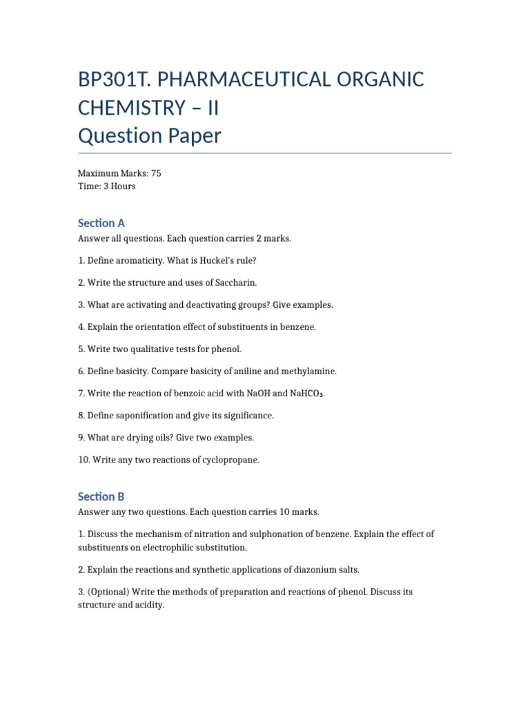 BP301T Pharmaceutical Organic Chemistry II Question Paper | PDF