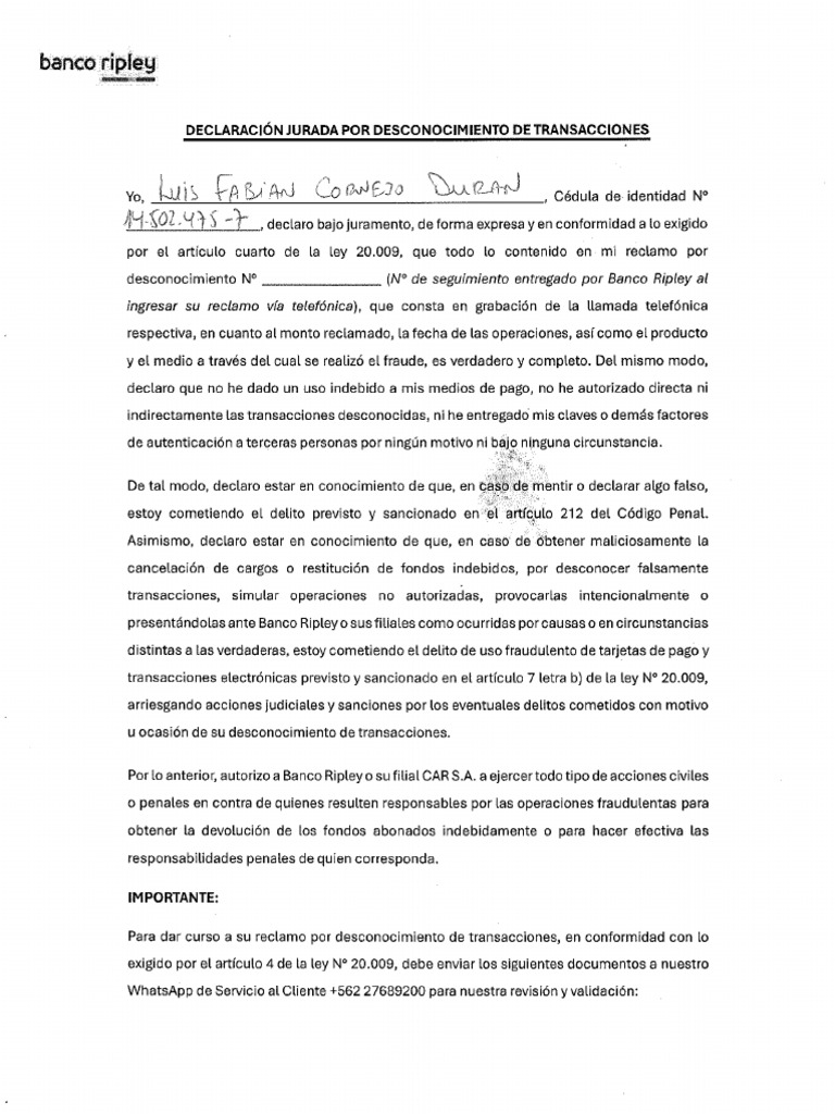 Declaración Jurada Por Desconocimiento de Transacciones | PDF