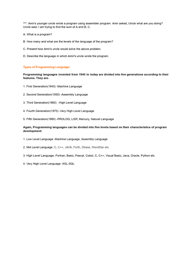 Types of Programming Language:: C, C++, Java, Forth, Dbase, Wordstar ...