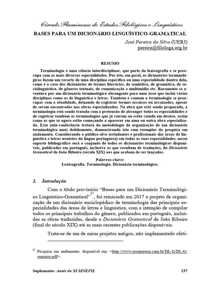 Bases para Um Dicionário Linguístico-Gramatical | PDF | Lexicografia | Linguística