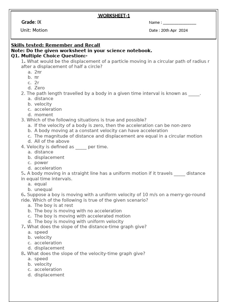 WS 01 - Grade 9 Ch-8 Motion | PDF | Acceleration | Velocity