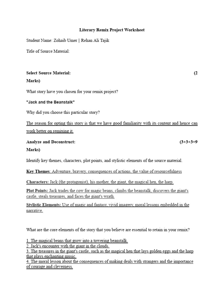 Literary Remix Project Worksheet | PDF | Narrative | Jack And The Beanstalk