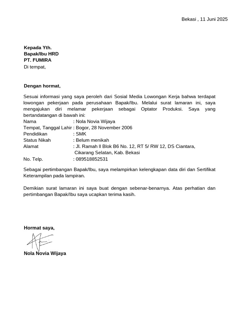 Surat Lamaran Kerja Nola Novia Wijaya | PDF