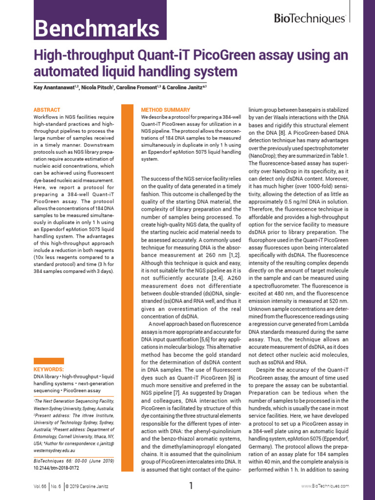 High-Throughput Quant-iT PicoGreen Assay Using An | PDF | Dna ...