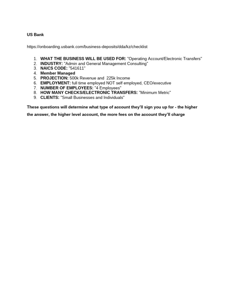 US Bank Business Account Checklist | PDF