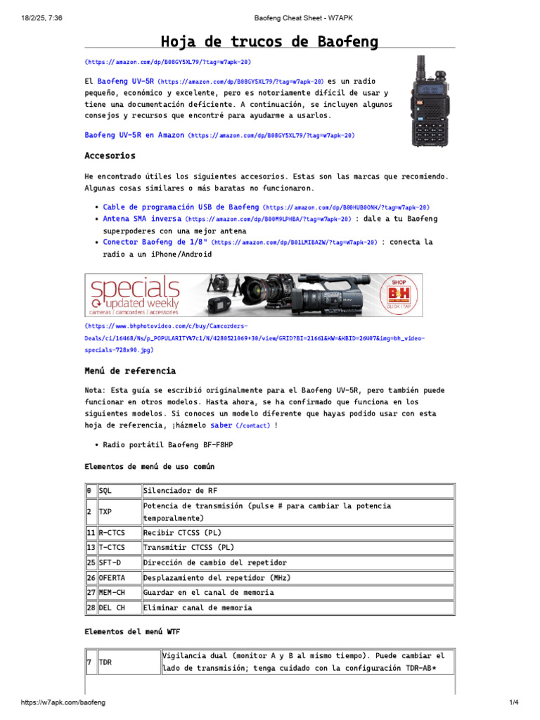 Baofeng Cheat Sheet - W7APK Menu Español | PDF | Ingeniería Electrónica ...