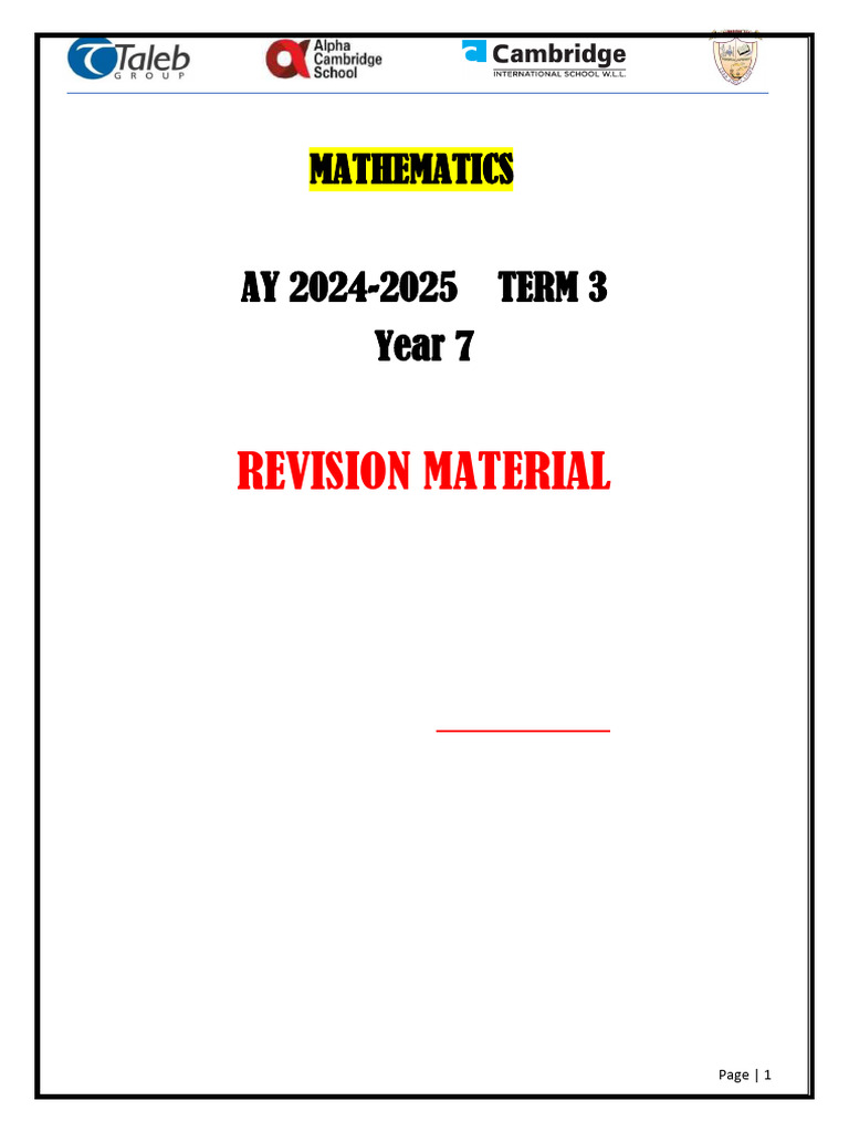 Ay 24-25 Yr7 Tr3 Revision Material Maths | PDF | Area | Volume