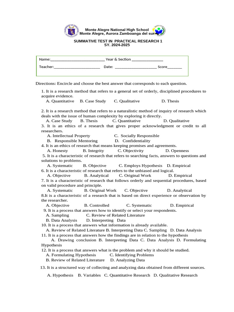 Practical Reseach 1 - 2nd Sem. Summative Test | PDF | Data Analysis ...