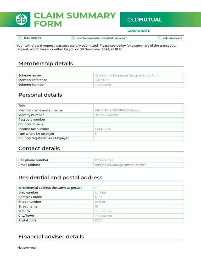 Claim Summary Form 30-11-2024 | PDF | Pension | Information