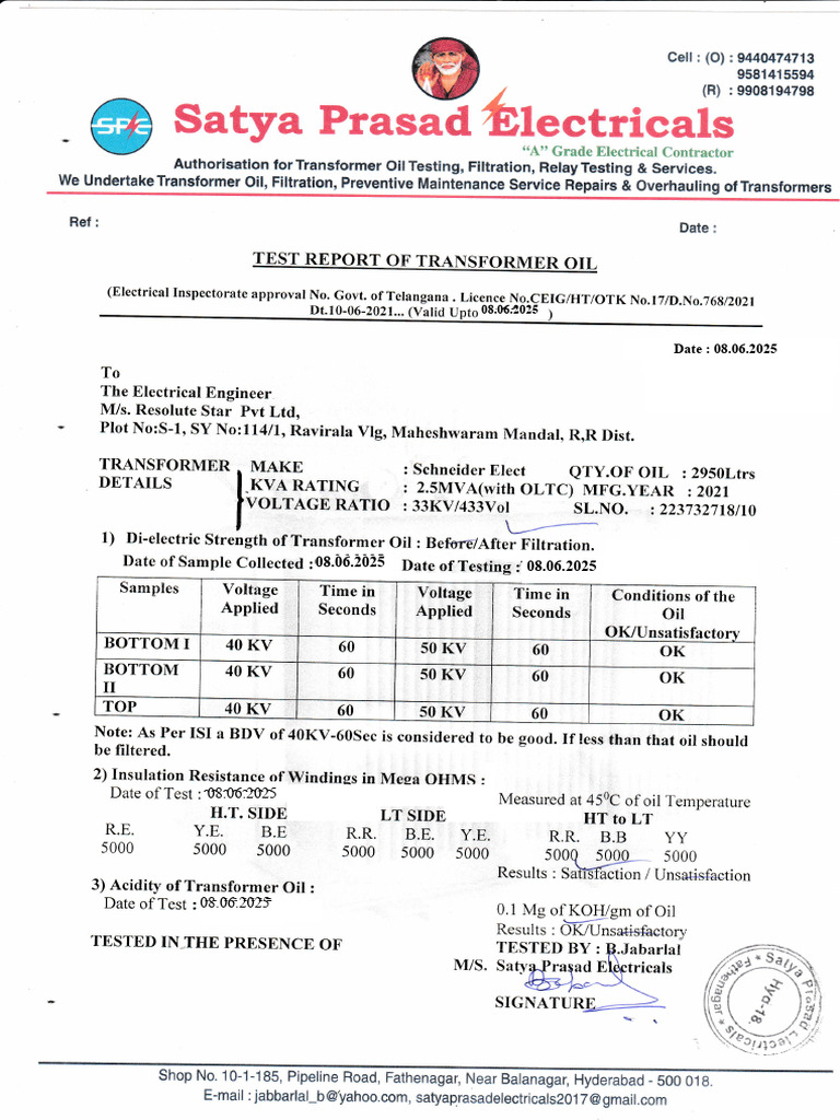 Transformer Oil Test Report Summary | PDF | Transformer | Electronic ...