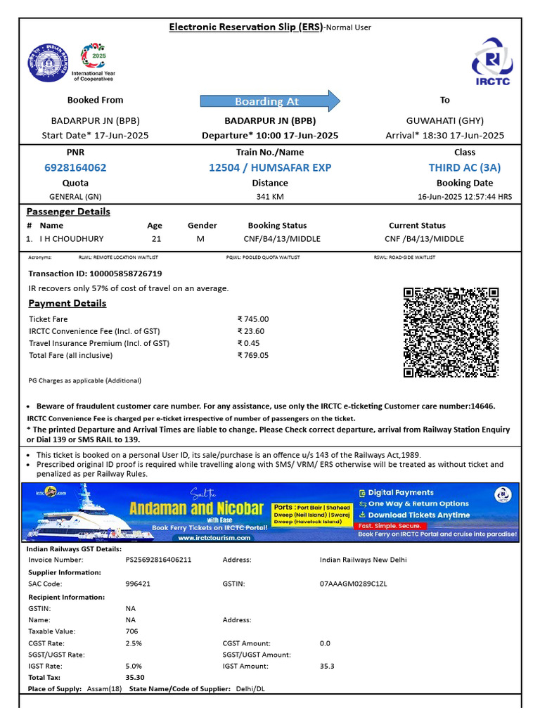 Humsafar Exp Third Ac (3A) : Electronic Reservation Slip (ERS) | PDF ...