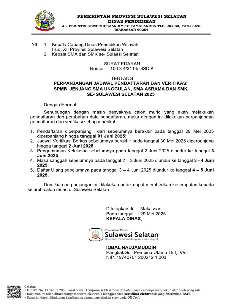 Surat Edaran Perpanjangan Jadwal Pendaftaran Dan Verifikasi SPMB Jenjang Sma Unggulan, Sma ...