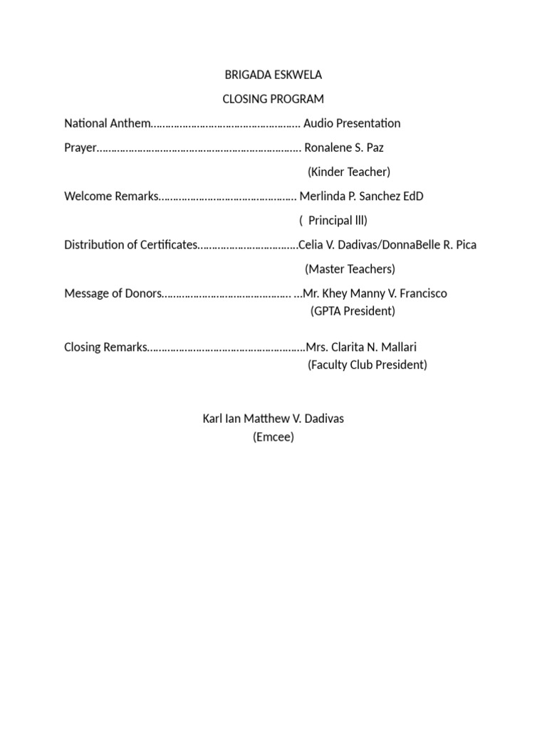 Brigada Eskwela Closing Program | PDF