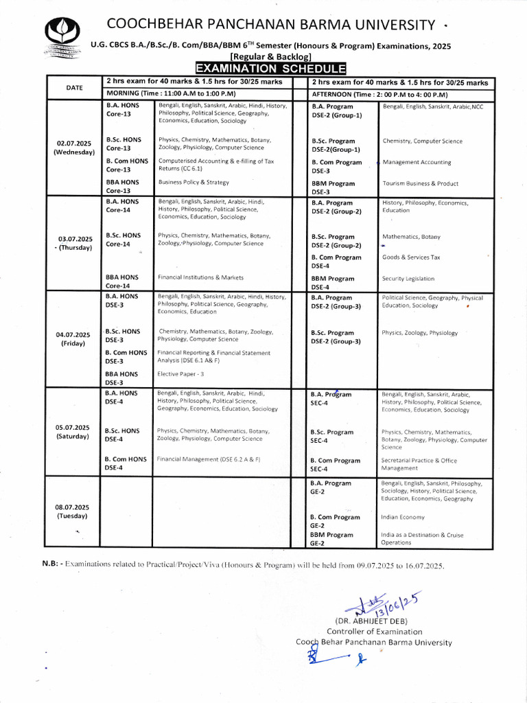 Schedule For UG CBCS B.a., B.SC., B.com, BBA & BBM 6th Semester (Honours & Program) Examinations ...