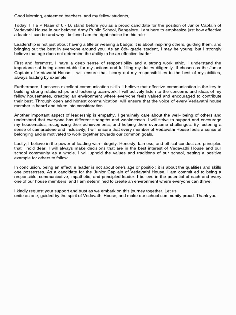 House Speech Tia Class 8 | PDF | Leadership | Integrity