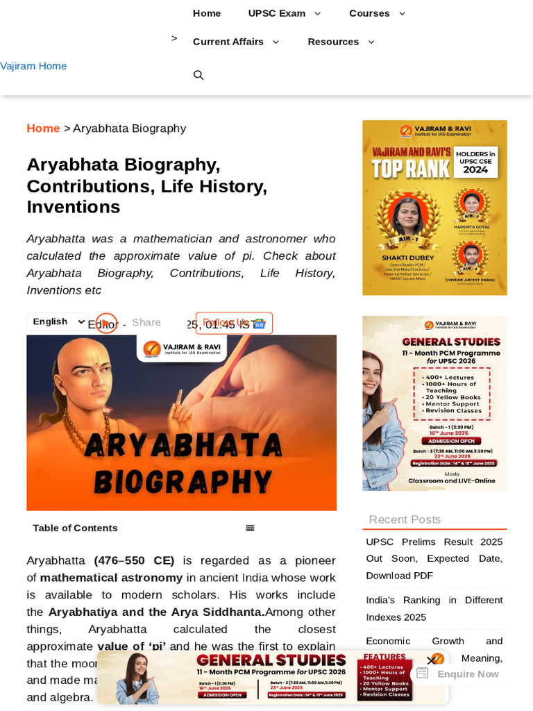Aryabhata Biography, Contributions, Life History, Inventions | PDF | Pi ...