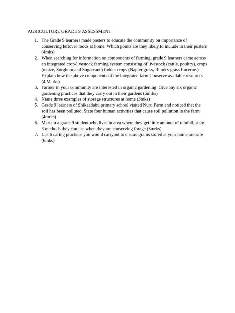 Agriculture Grade 9 Assessment | PDF