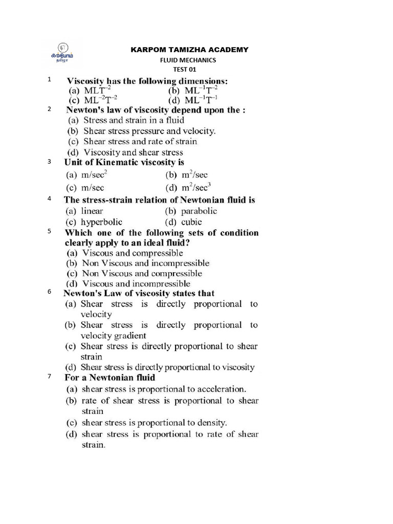 Karpom Tamizha Academy Fluid Mechanics Test | PDF
