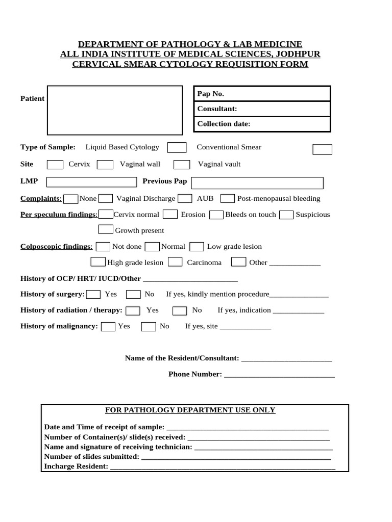 Pap Smear Requisition Form | PDF | Cervical Cancer | Cytopathology