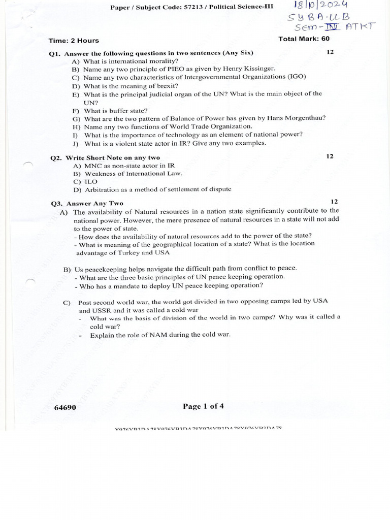 Political Science III Syba LLB Sem IV Atkt Mark 60 | PDF