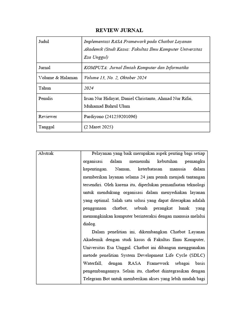 Review Jurnal - Implementasi RASA Framework Pada Chatbot Layanan Akademik - Pardiyono | PDF