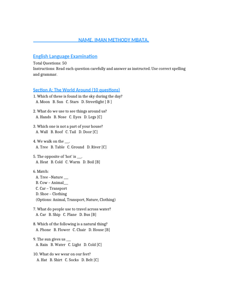 English Language Exam for Students | PDF | Verb | Adverb