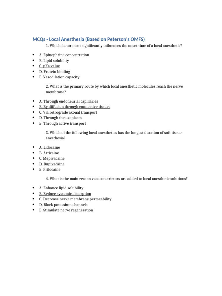 Local Anesthesia MCQs and Answers | PDF