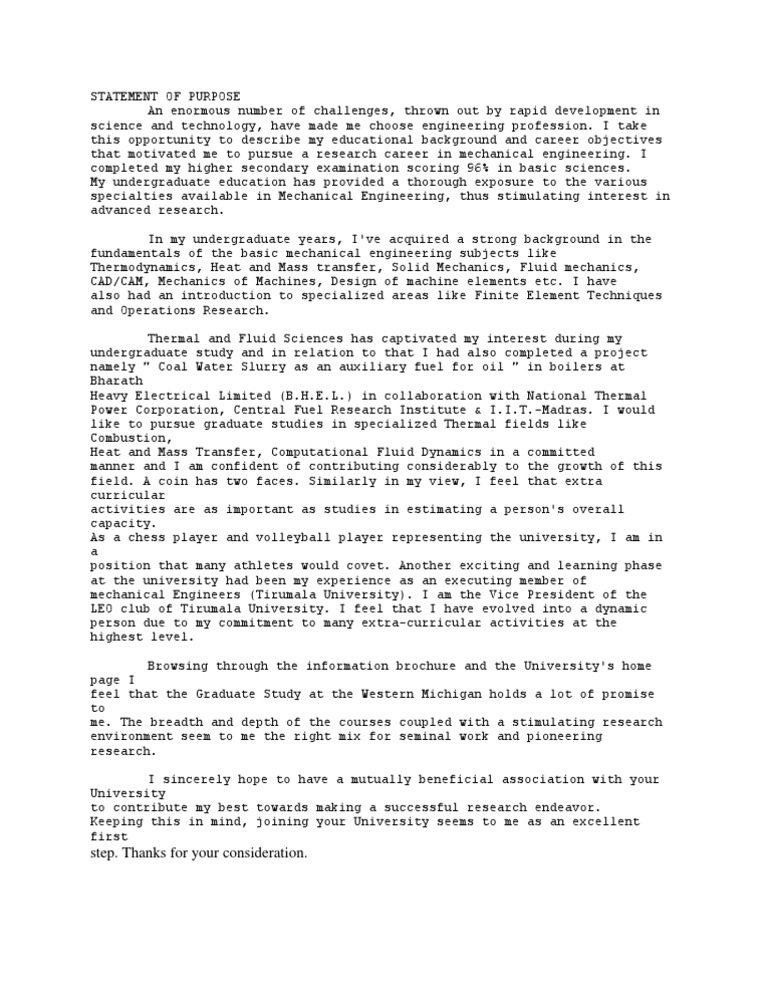 Statement of Purpose Sample | PDF | Mechanical Engineering | Engineering
