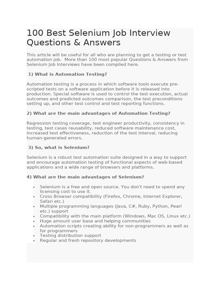100 Best Selenium Job Interview Questions Part 1 | PDF | Selenium (Software) | Computer Programming