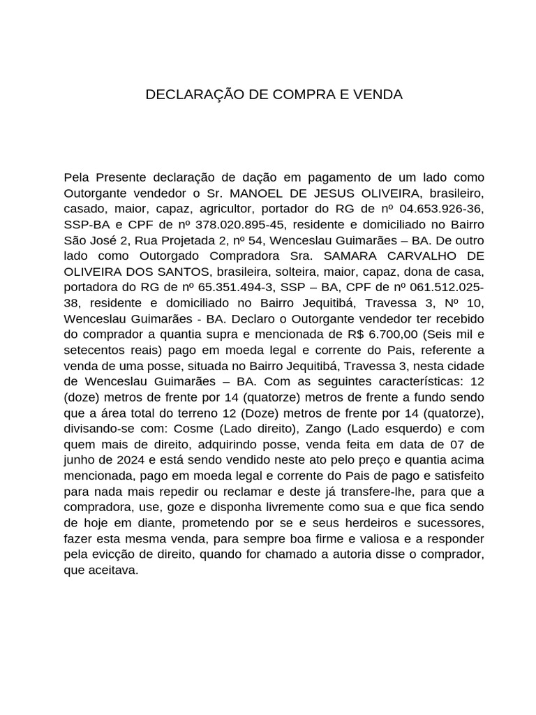 Declaração de Compra e Venda Manoel | PDF