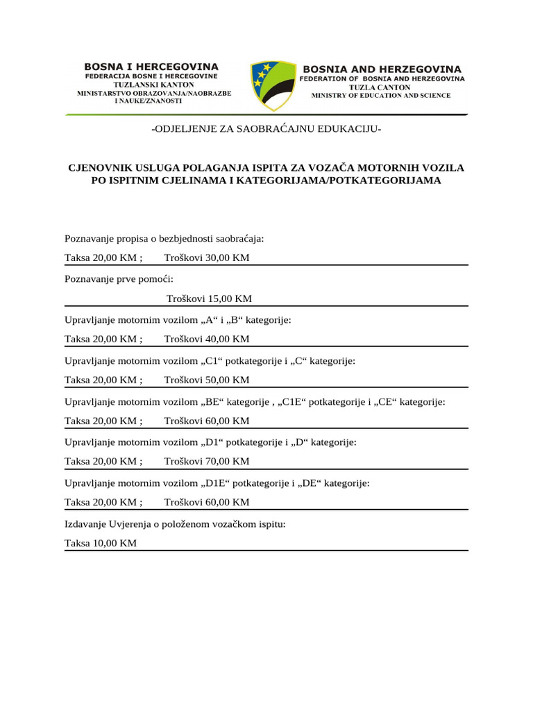 Cjenovnik Polaganja Ispita 1 | PDF