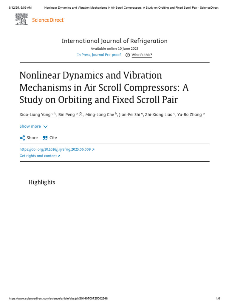Nonlinear Dynamics and Vibration Mechanisms in Air Scroll Compressors - A Study On Orbiting and ...