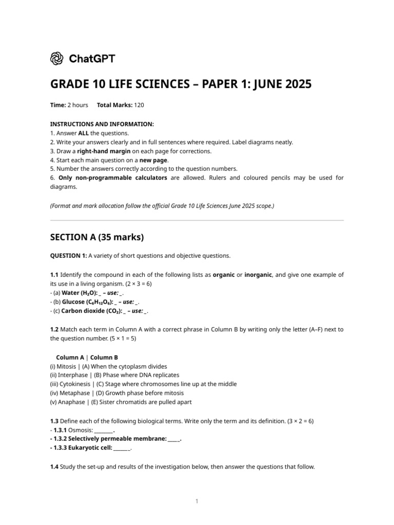 Grade 10 Life Sciences – Paper 1_ June 2025 | PDF | Cell (Biology ...