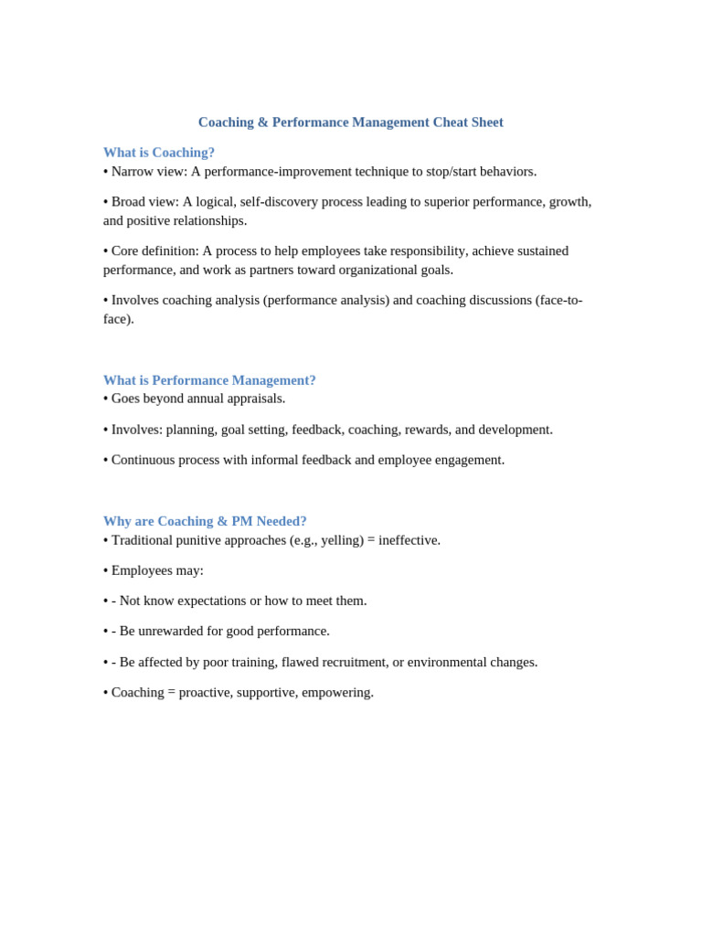 Coaching Performance Management Cheat Sheet | PDF | Goal Setting | Goal