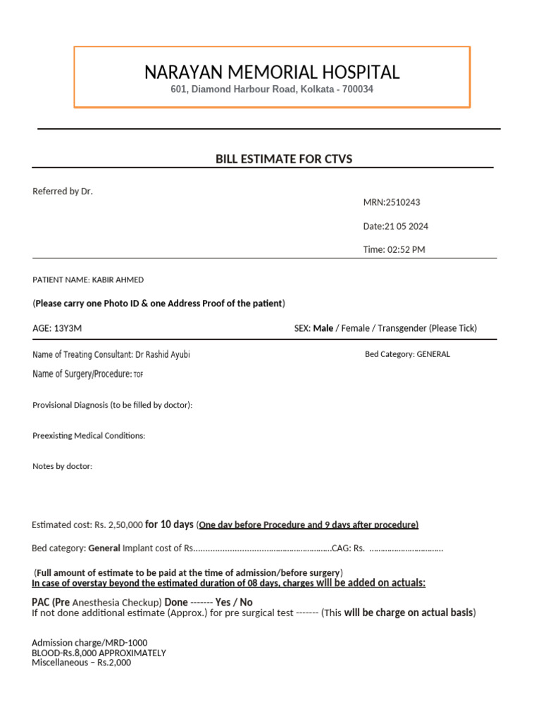 Hospital Bill Estimate for Surgery | PDF | Payments | Medicine